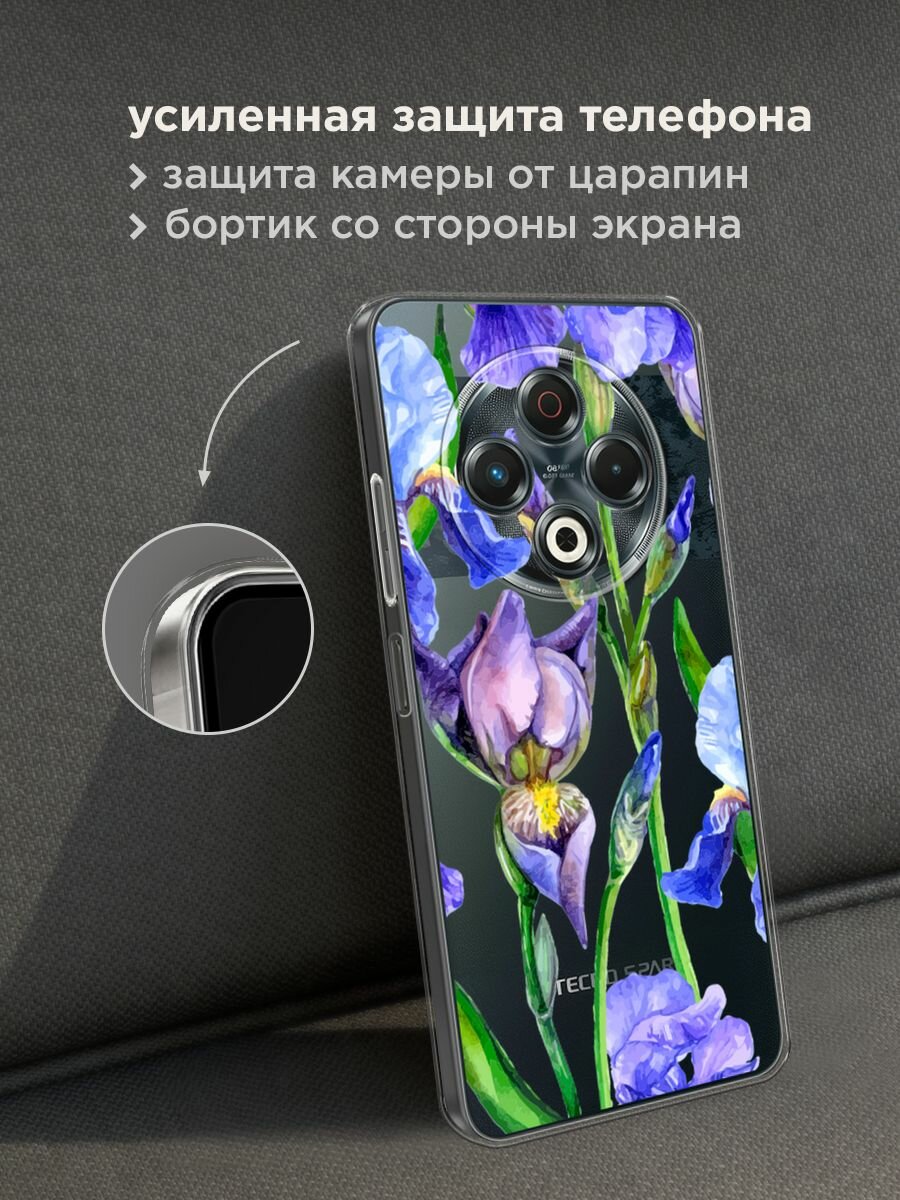 Чехол на Tecno Spark 30 / Текно Спарк 30 с принтом "Синие ирисы", прозрачный — фото 1
