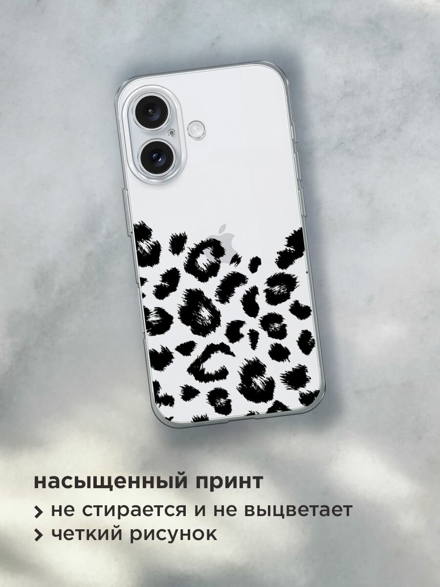 Чехол на Apple iPhone 16 / Айфон 16 с принтом "Окрас леопарда фон черный", прозрачный — фото 1