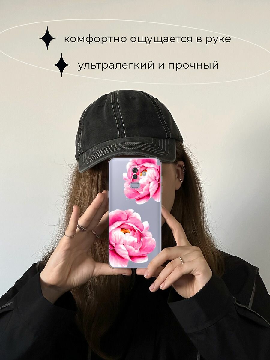 Чехол на Samsung Galaxy J8 / Самсунг Галакси Джей 8 с принтом "Open peonies", прозрачный — фото 1
