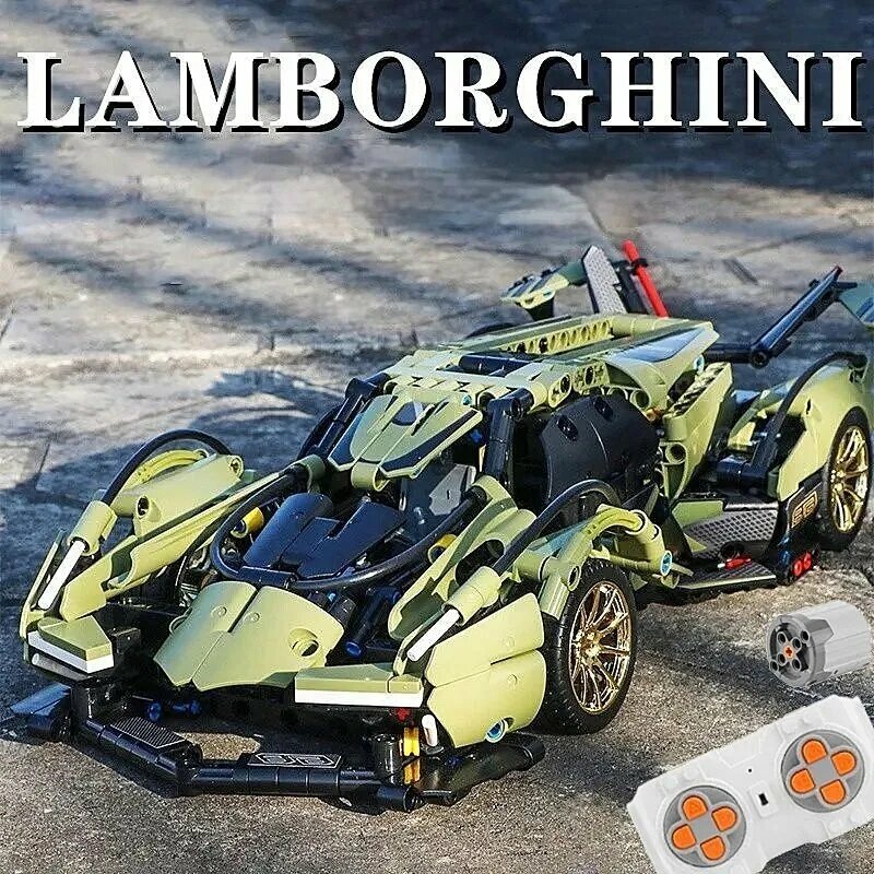 Конструктор Lamborghini V12 Racer с Пультом ДУ (реплика V12, 1384 детали, оливково-зеленый металлик + золотые диски, подарок 12+)