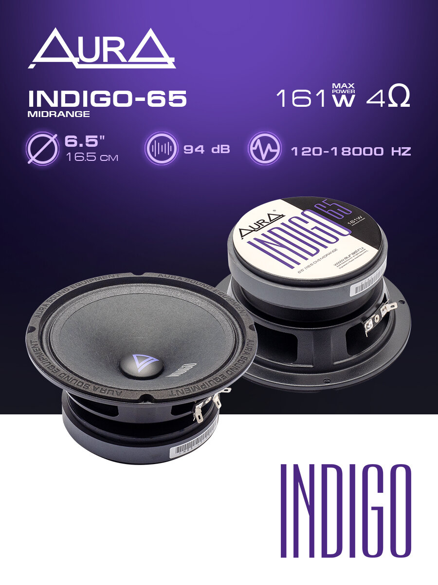 Колонки автомобильные эстрадная акустика AurA INDIGO-65, пассивные, эстрадные, 16,5 см, 81-161Вт, 94дБ, черные