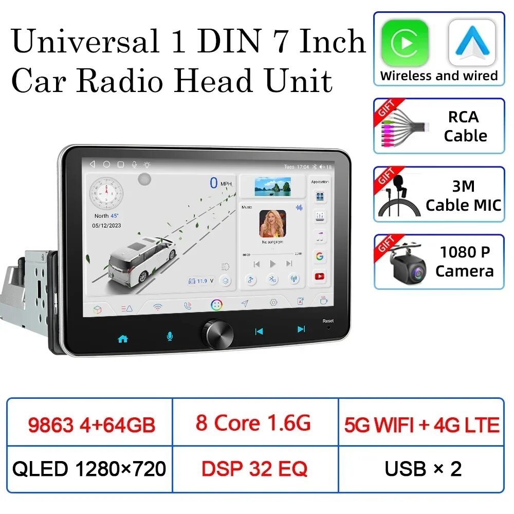 Универсальный одиночный 1 Din 7-дюймовый автомобильный мультимедиа AI Voice Беспроводной проводной Android Auto CarPlay MP5-плеер BT Радио Стерео головное устройство 9863 4G 64GB CAM