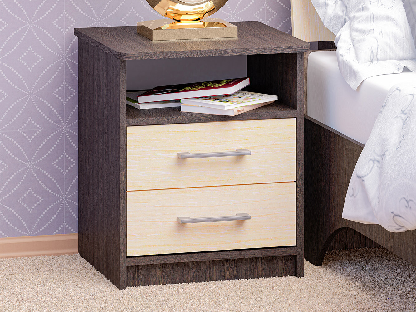 Тумба прикроватная "Пирамида комфорта" ТП-2, 2 ящика и открытая ниша, венге-молоко