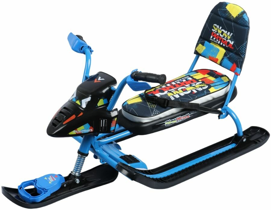 Снегокат детский "Snowpatrol" со спинкой, велорулем и амортизацией, ремень безопасности, буксировочный трос с автоматической намоткой, 107х54х47 см, нагрузка до 100 кг, от 4 лет, чёрный, синий