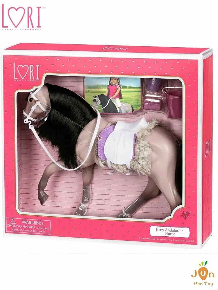 Фигурка Lori Grey Andalusian Horse / детские игрушки пони, серое тельце, с фиолетовым седлом, ведерком и перчатками, подойдет в качестве подарок на день рождения