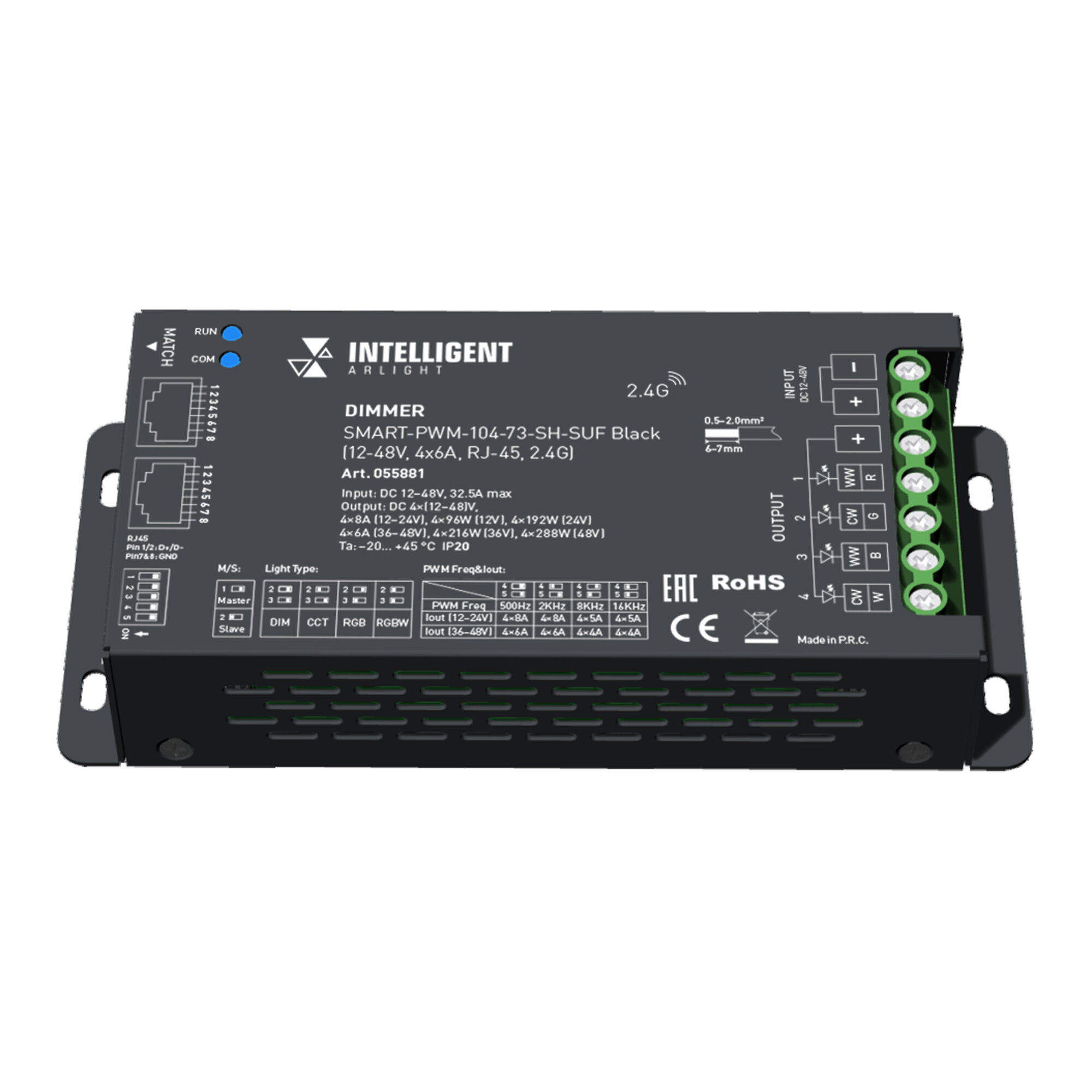 Контроллер Arlight INTELLIGENT ARLIGHT Диммер SMART-PWM-104-73-SH-SUF Black (12-48V, 4x6A, RJ-45, 2.4G) (IARL, IP20 Металл, 5 лет)