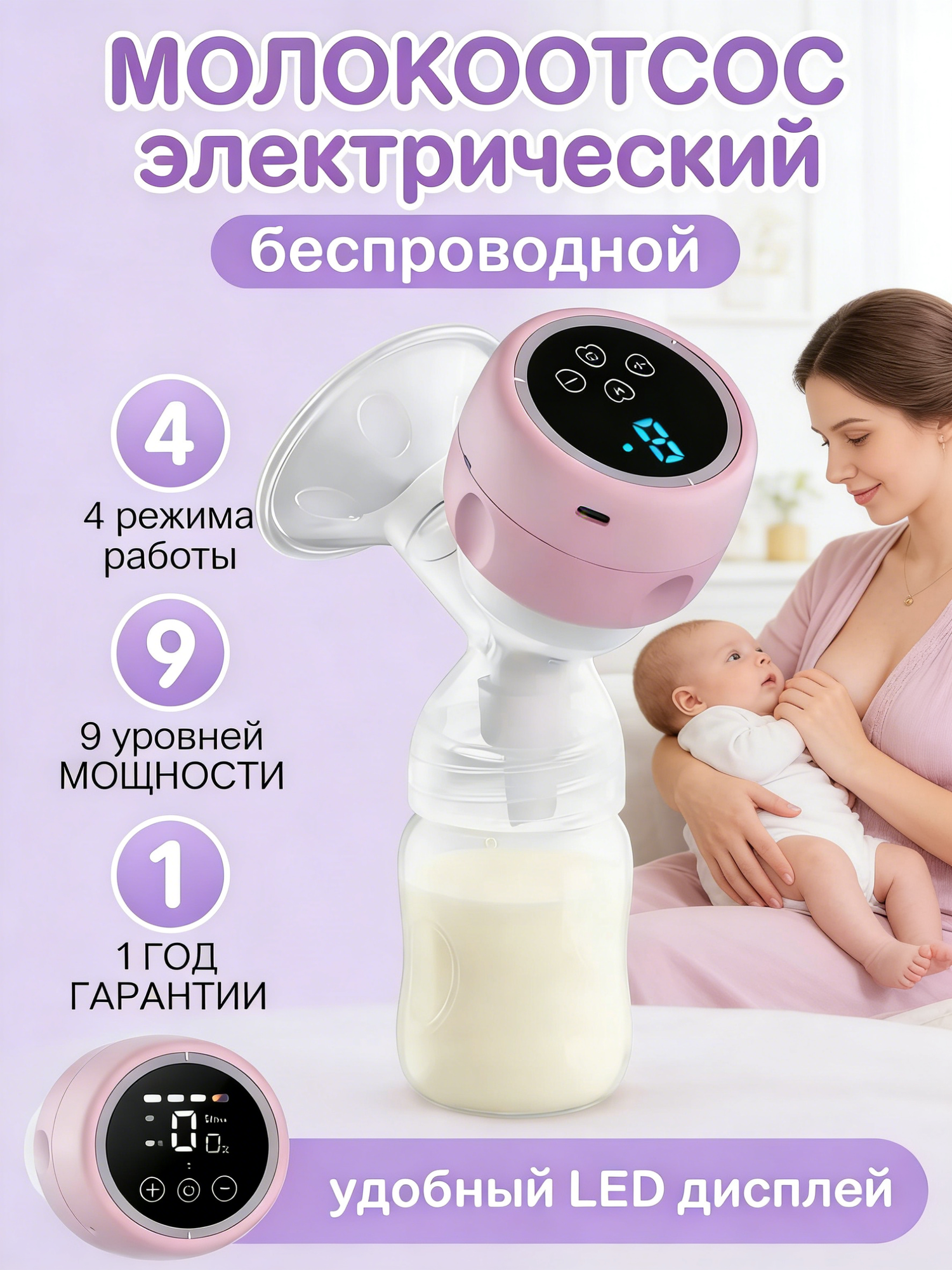 Молокоотсос электрический портативный для кормления малыша с бутылочкой и соской