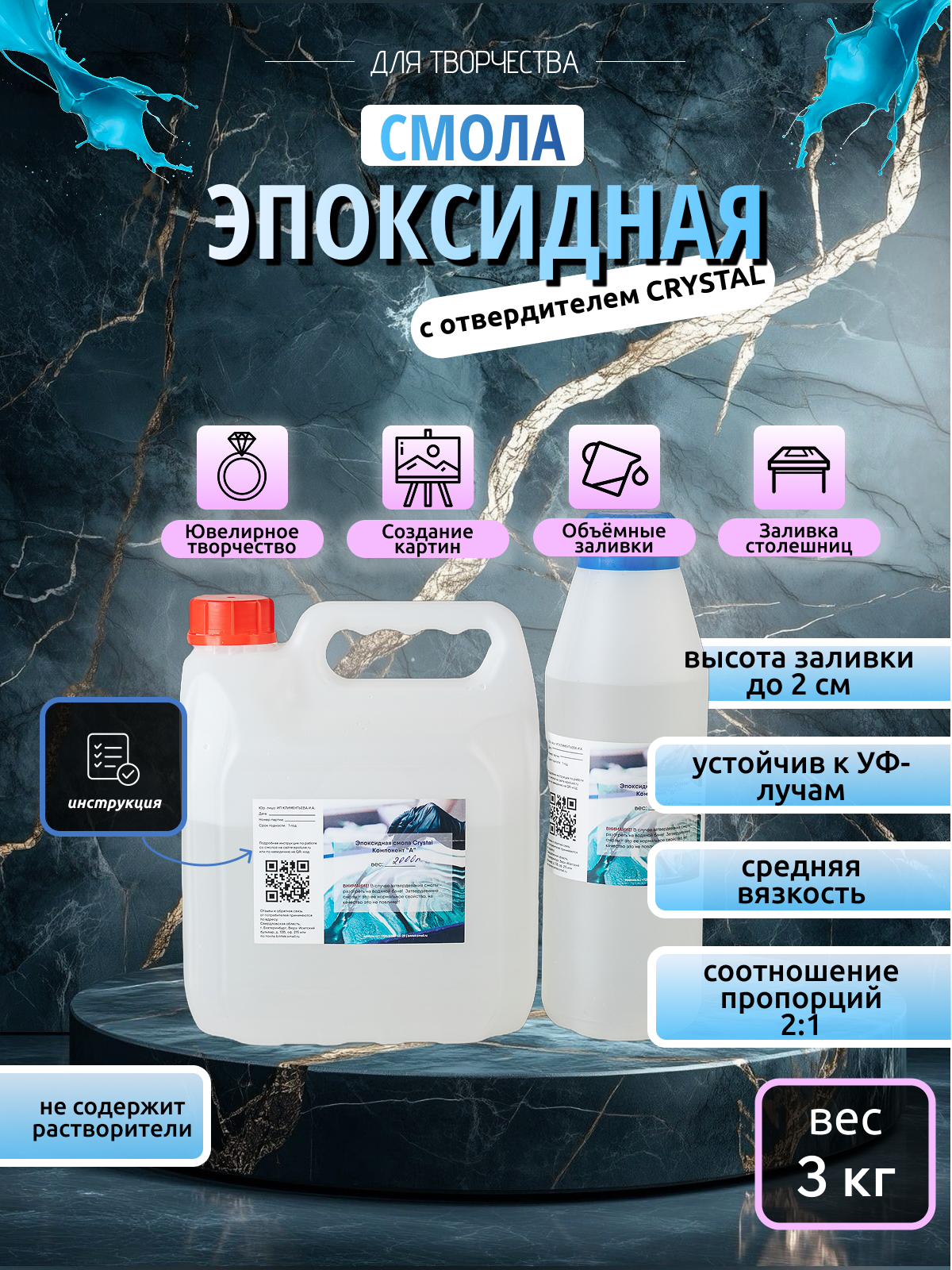 Ювелирная прозрачная эпоксидная смола для творчества EPOLUXE CRYSTAL 3 кг / 3000 гр