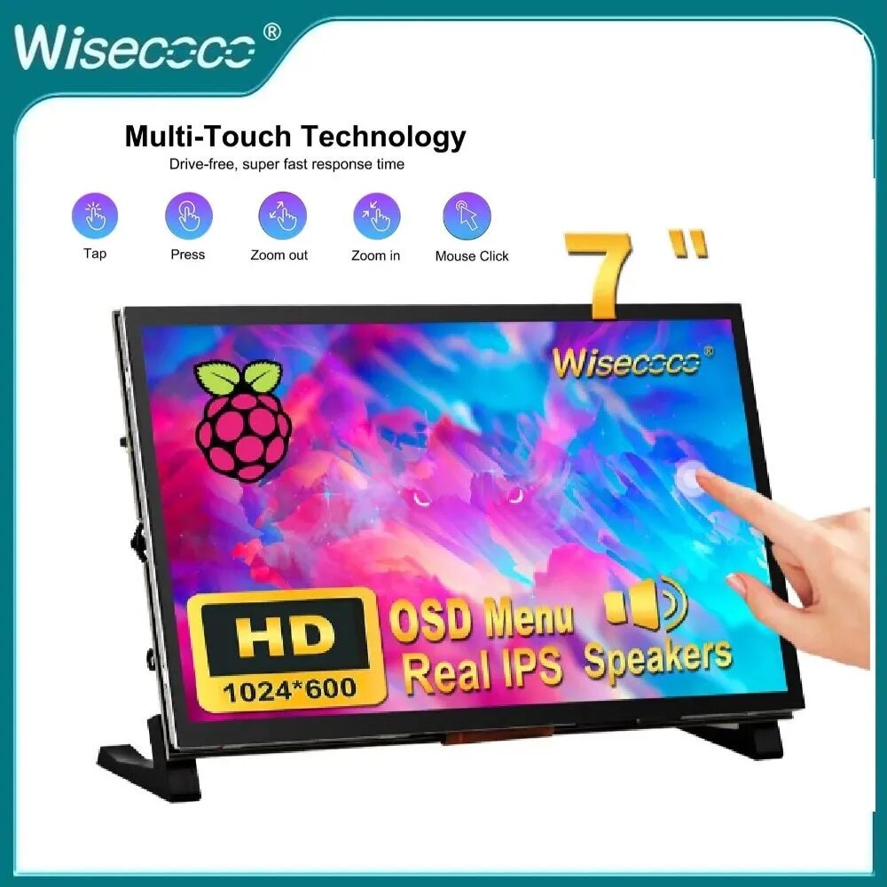 Wisecoco Пиксельный экран 7"сенсорный монитор , ips 1024x600, USB HDMI , Сенсорный дисплей для raspberry pi 5 4 3 2 Zero B B+ Windows Drive-Free, коричнево-красный