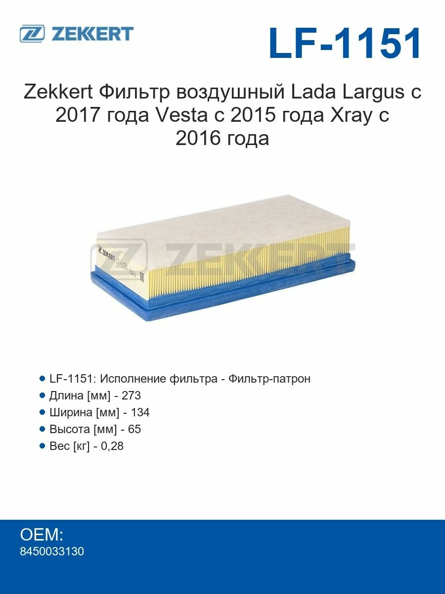 Zekkert Фильтр воздушный Lada Largus с 2017 года Vesta с 2015 года Xray с 2016 года
