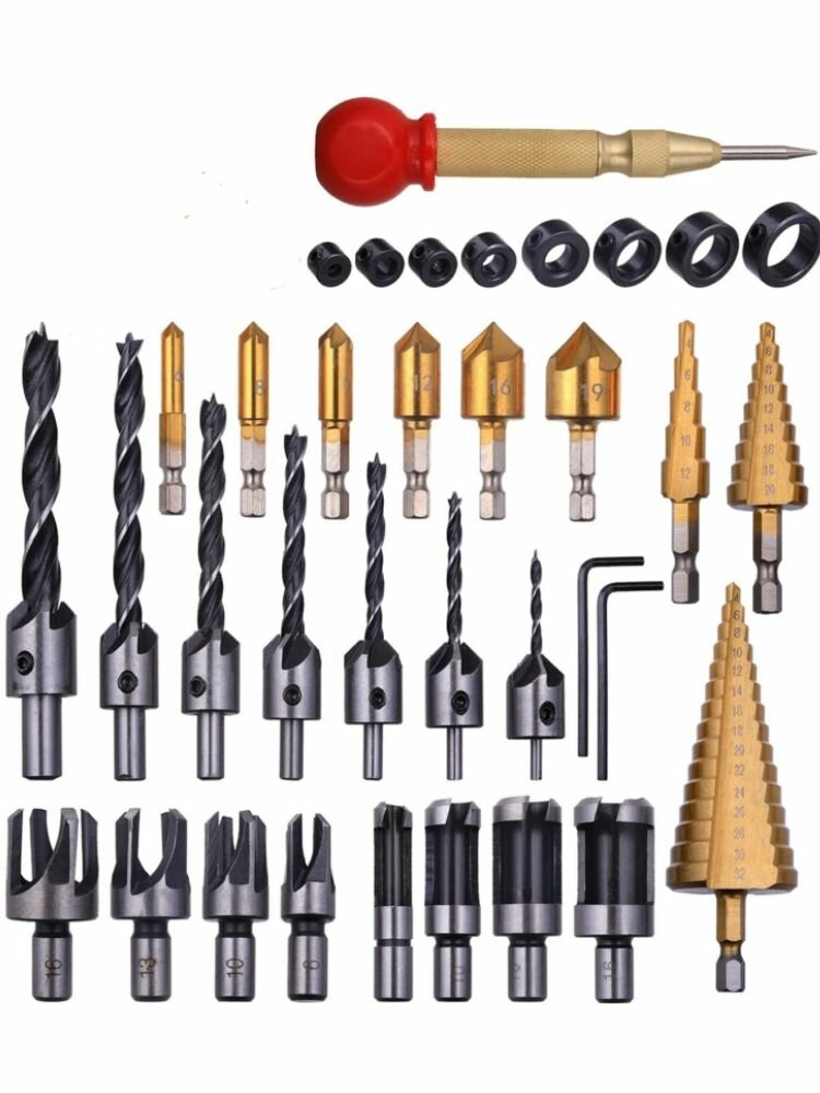 34 шт. набор инструментов для деревообработки: зенковки, сверла, фрезы и ограничители сверления