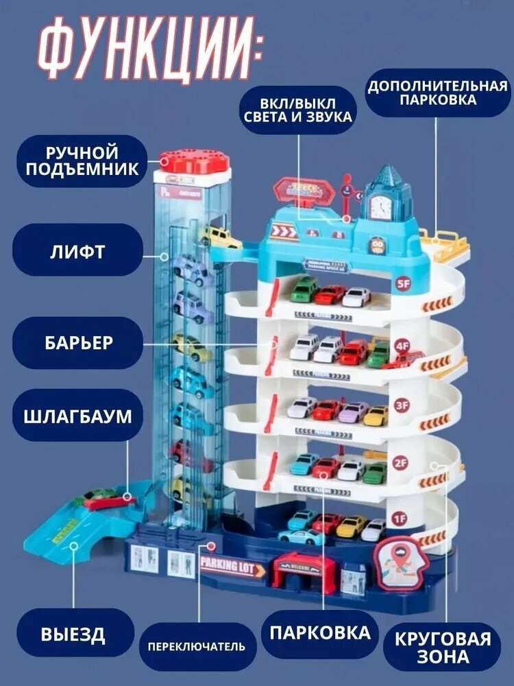 Автотрек "Многоуровневая Парковка", с лифтом, для машинок, 8 машинок в комплекте — фото 1