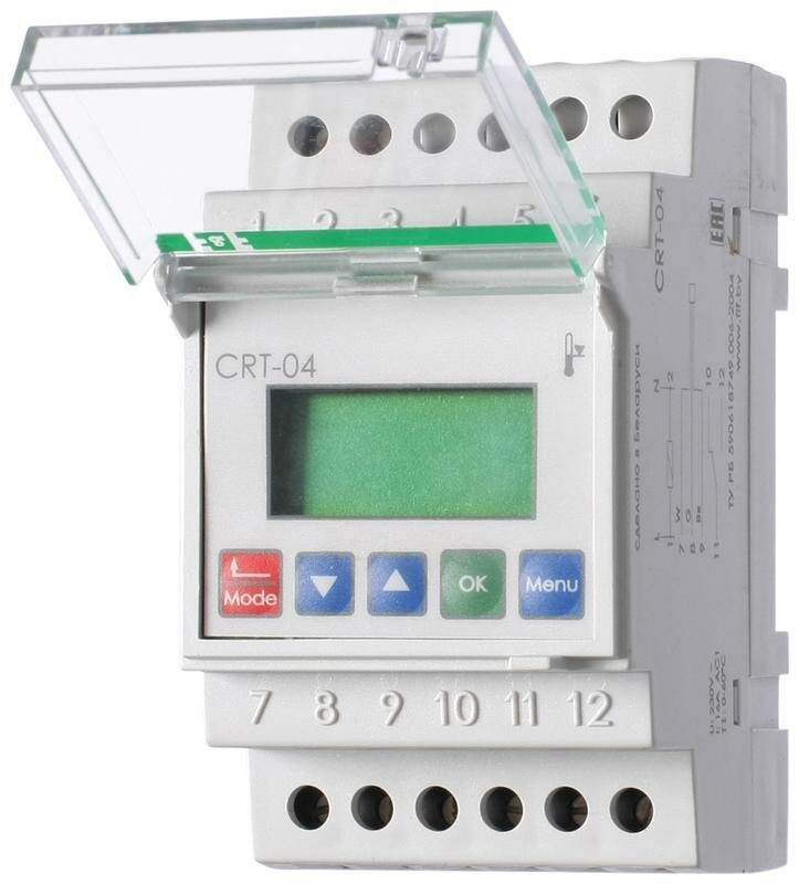 Регулятор температуры CRT-04 (от 0 до +60 град. C; микропроцессорный; многофункц; ЖКИ индикация; с выносным датчиком в комплекте; монтаж на DIN-рейке 35мм 230В AC 16А 1P IP20) F&F EA07.001.009