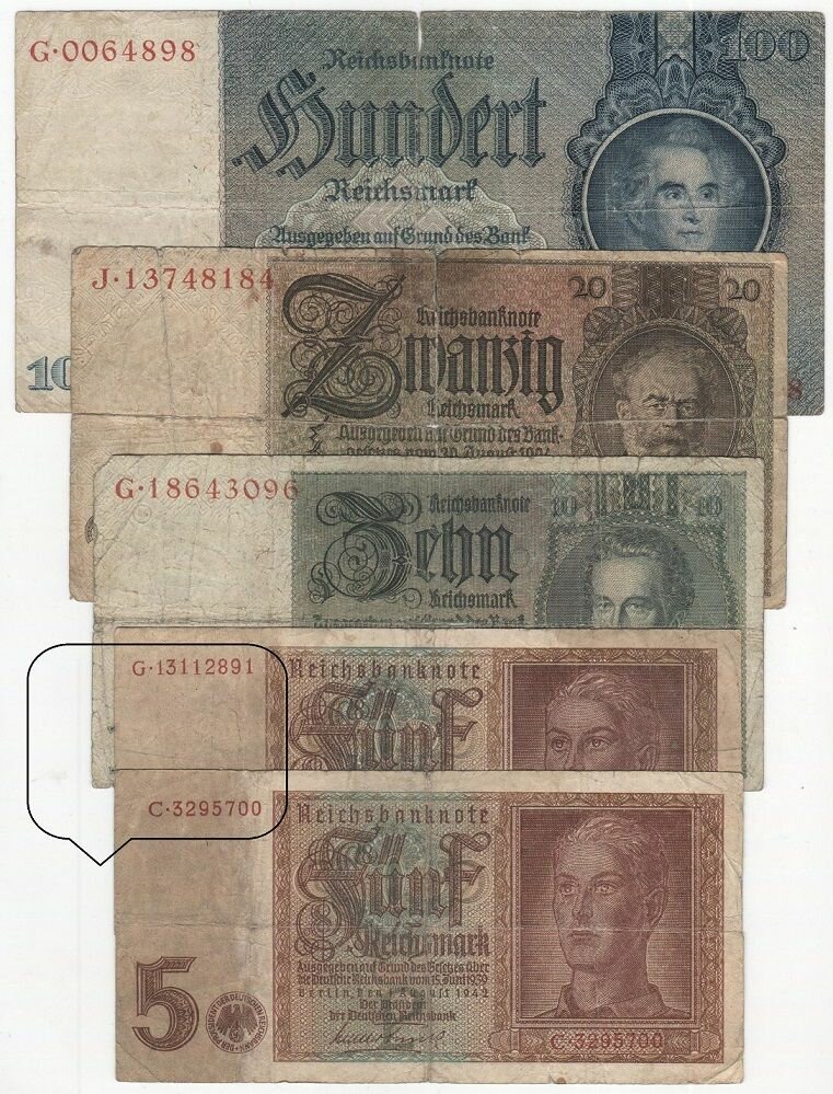 1924-42 5 штук 5 5 10 20 100 марок Набор банкнот Германия Разные варианты F