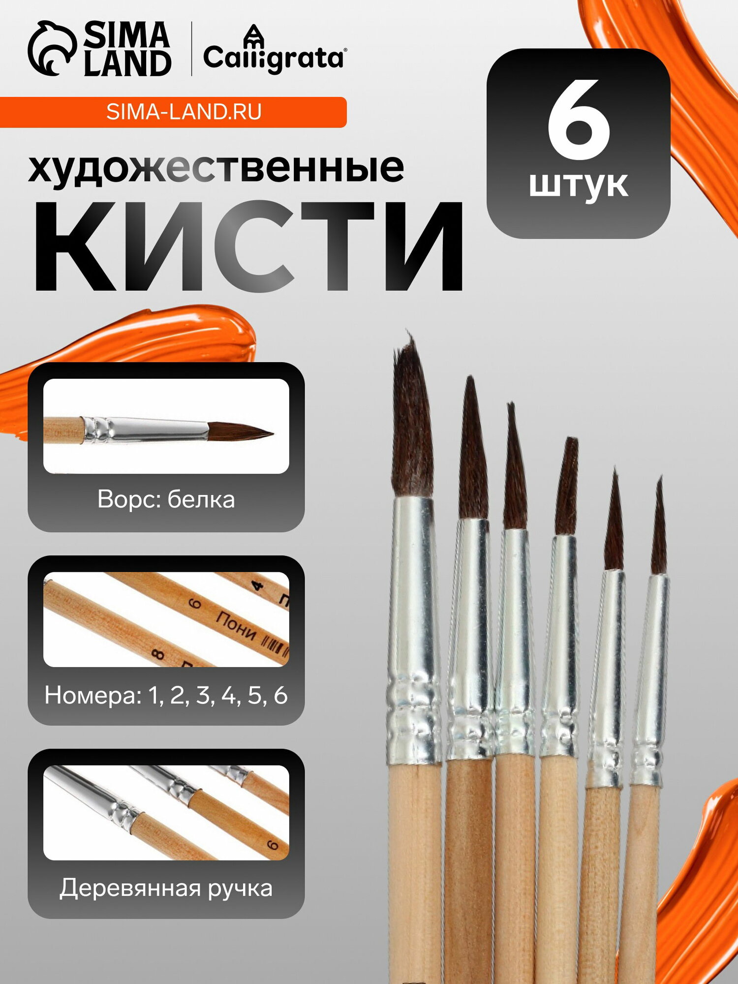 Кисти для рисования, белка, 6 штук: № 1, 2, 3, 4, 5, 6, круглые, деревянная ручка, международный размер, 2 шт.