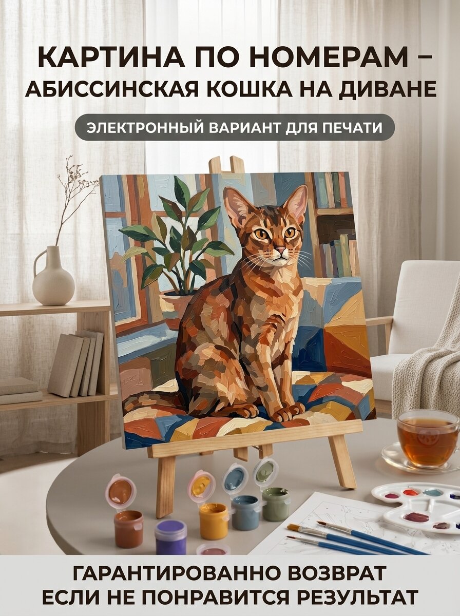 Картина по номерам "Абиссинская кошка на диване", на холсте, PDF-инструкция