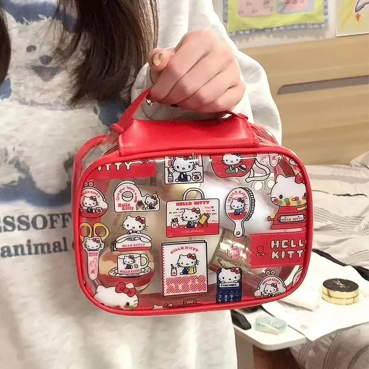 MINISO Косметичка Hello Kitty в мультяшном стиле, из ПВХ, водонепроницаемая, дорожная, портативная, вместительная, подарок для девочки на лето,