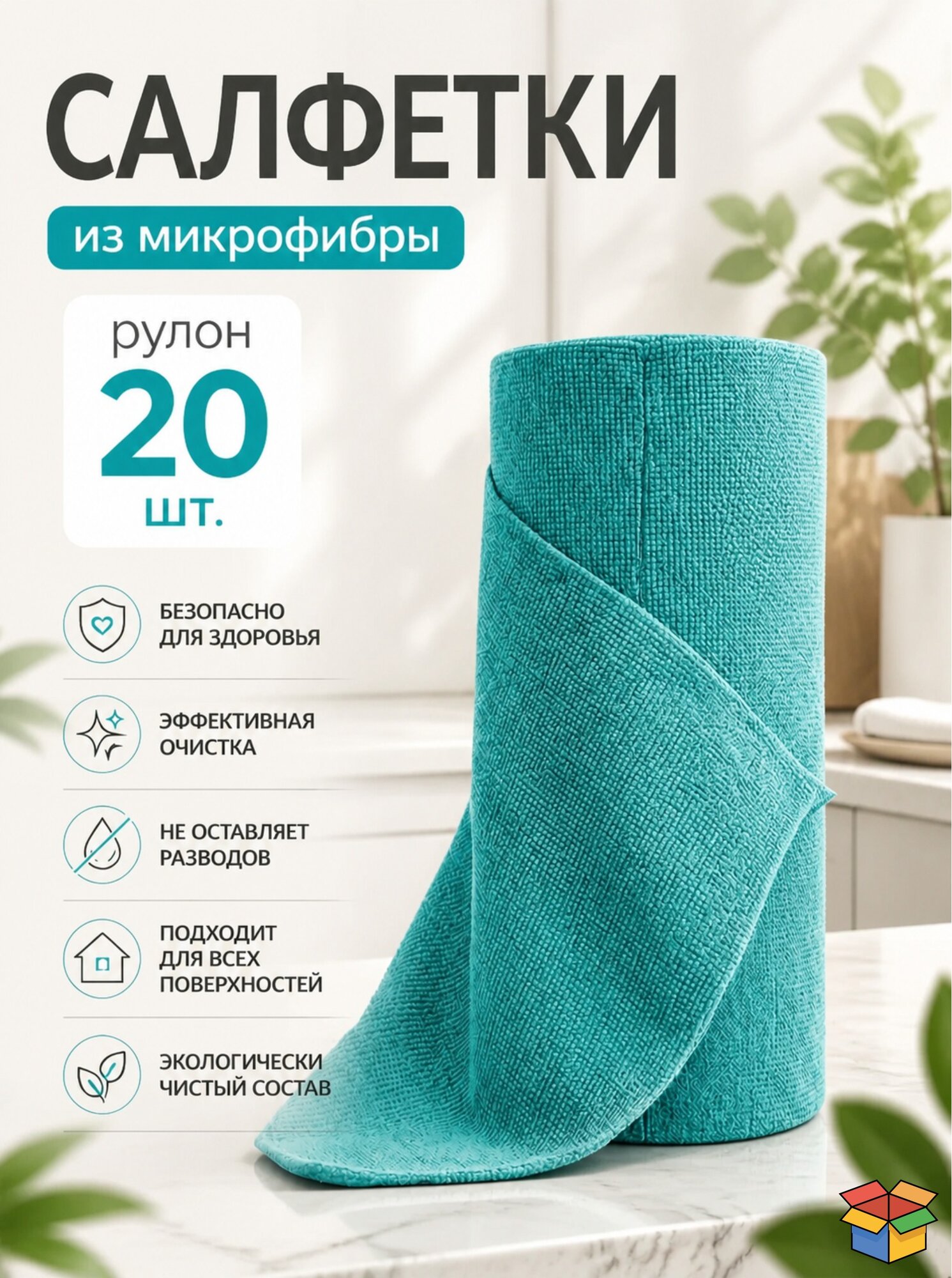 Салфетки для уборки в рулоне многоразовые, 20х20см, 20шт. / тряпки из микрофибры, для дома и автомобиля, голубые