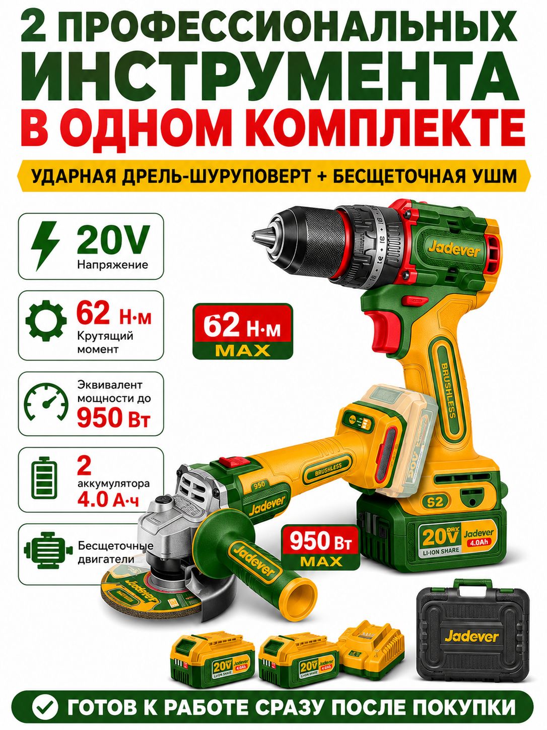 Набор аккумуляторного инструмента JADEVER JDCK20273 20В ударная дрель-шуруповерт 62 Нм + УШМ (болгарка) 950Вт, бесщеточные, 2 АКБ 4Ач, зарядное устройство, кейс