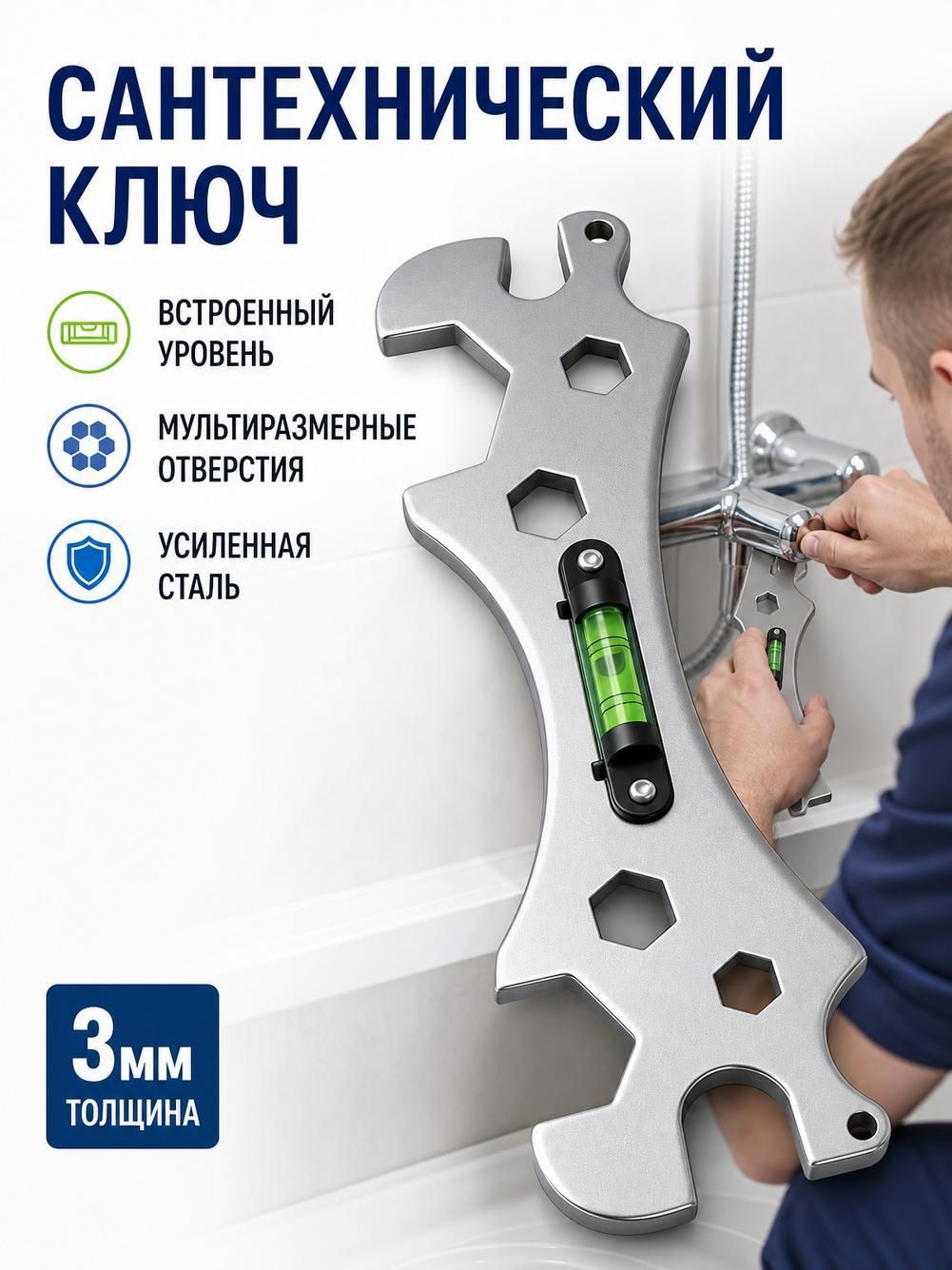 Универсальный гаечный ключ толщиной 3/5 мм с уровнем, подходит для ремонта и строительства труб.