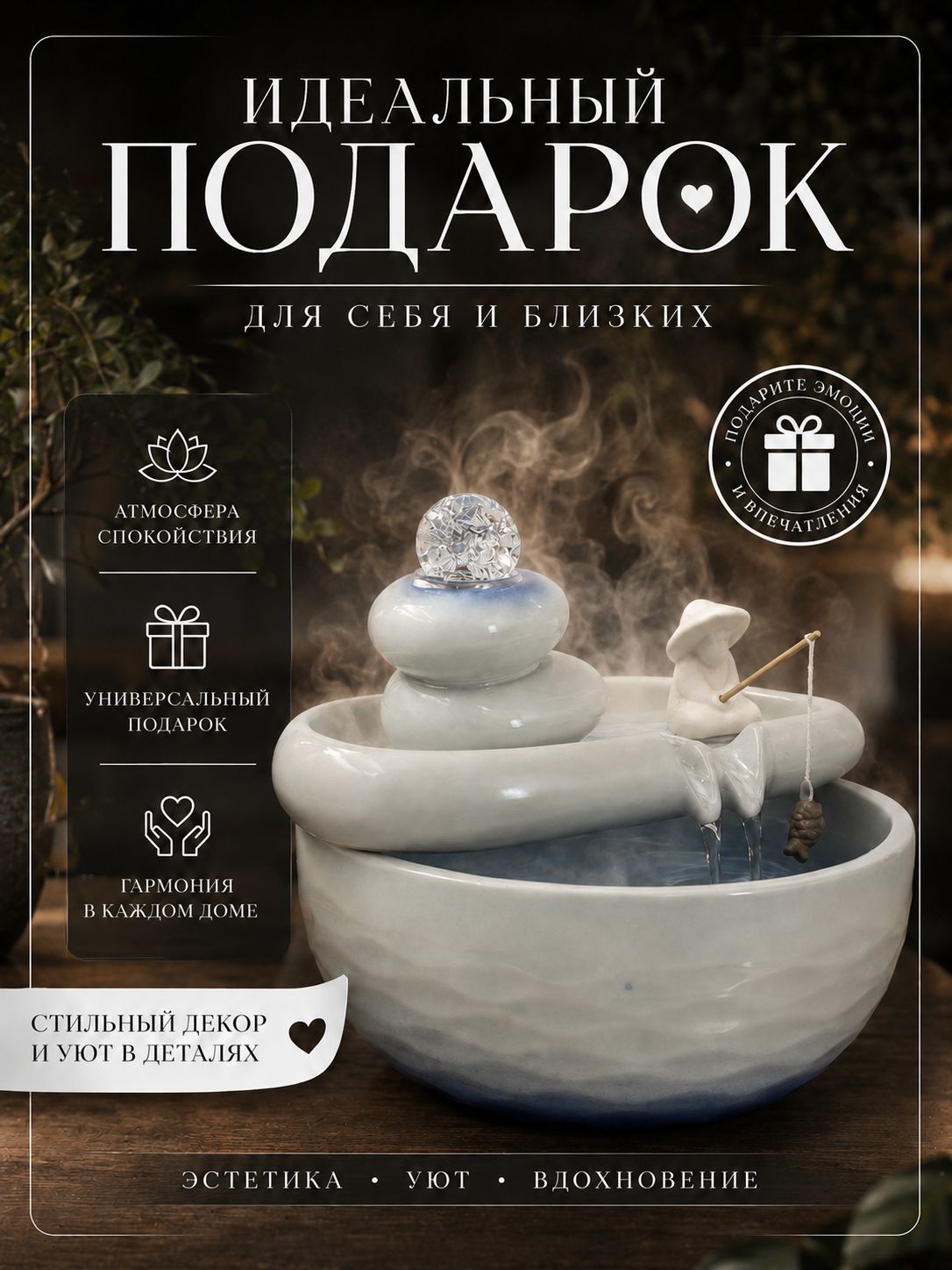 Фонтан декоративный "Рыбачок" настольный с подсветкой и дымом, керамика