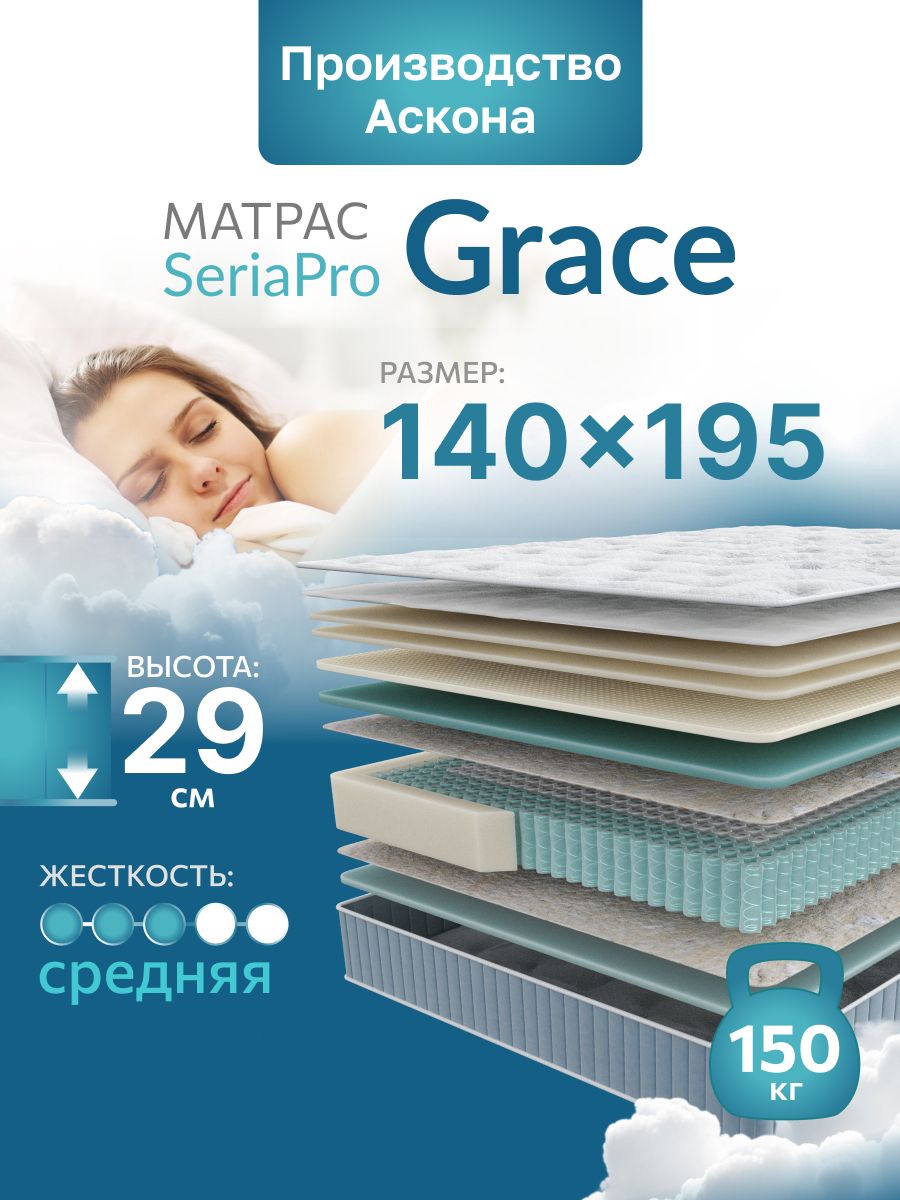 Анатомический матрас, Ортопедический матрас 140х195 см Seria Pro Grace, Независимые пружины
