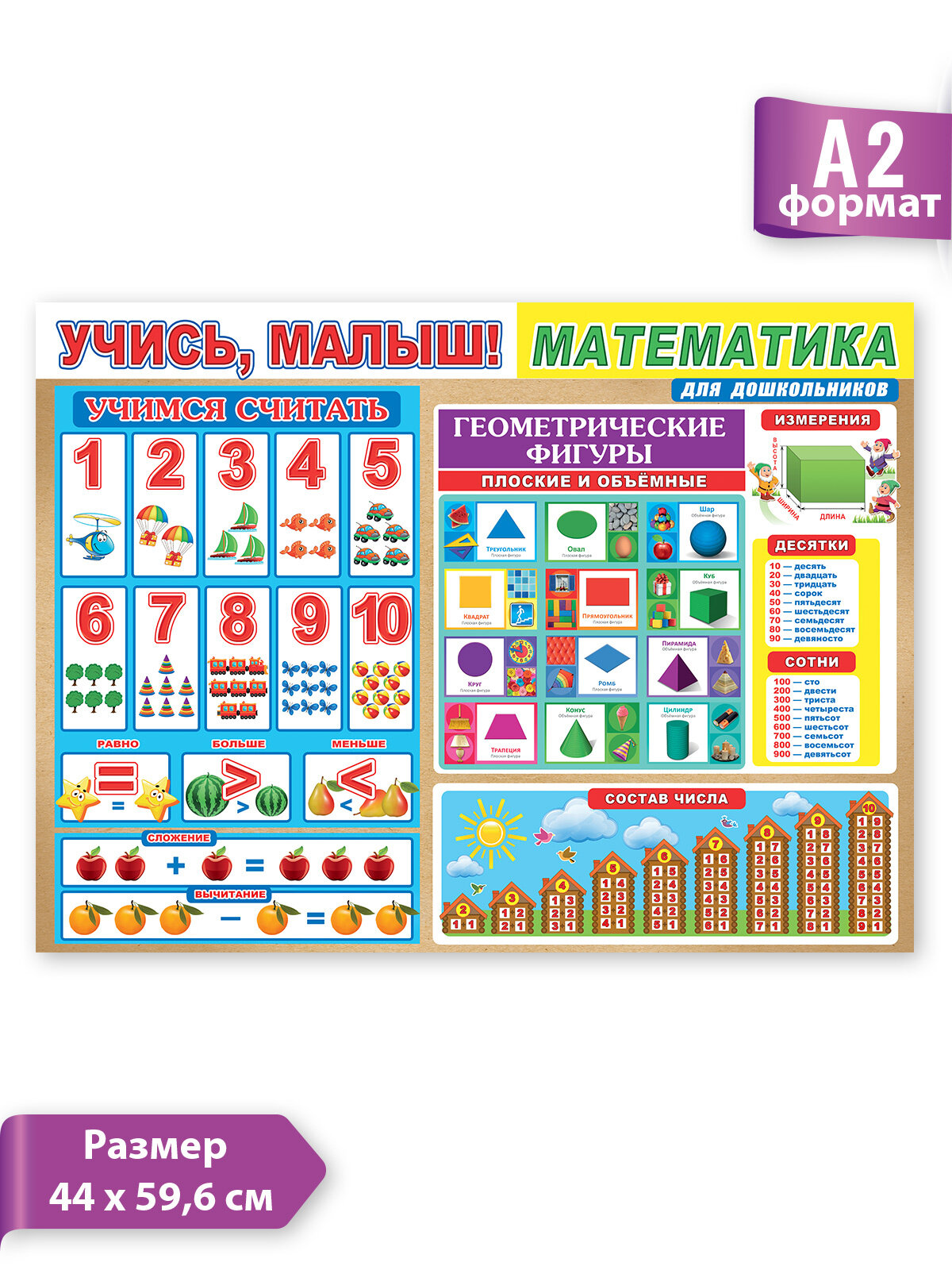Обучающий плакат Учись малыш, математика, А2