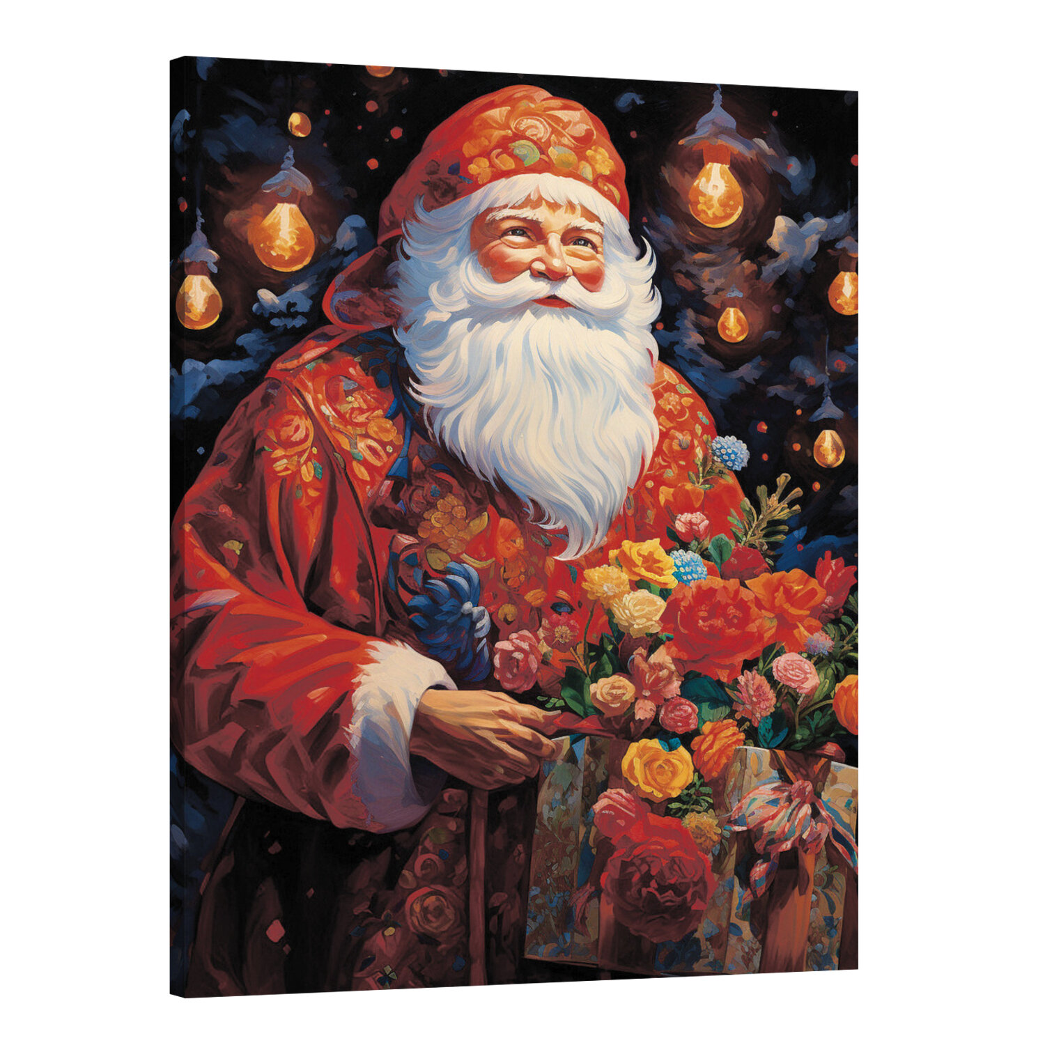 Интерьерная картина 50х70 "Новогодний Дед Мороз и его магический мешок"