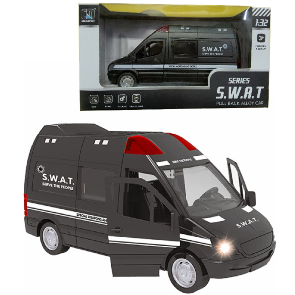 Полицейская машина металлическая инерционная 1:32, длина 14,5 см, открываются двери, свет, звук, CLM-51K