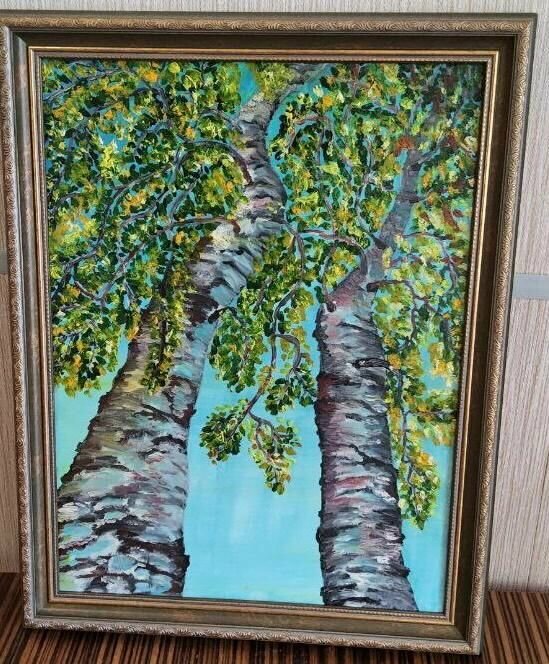 Картина в раме. Миляева Нина "Берёзы", холст, масло, 30x40. Авторская живопись.