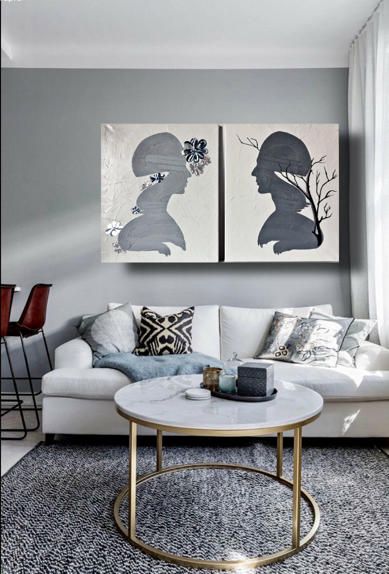 Современная интерьерная текстурная большая модульная картина диптих "Лица" ручной работы на холсте для гостиной, спальни