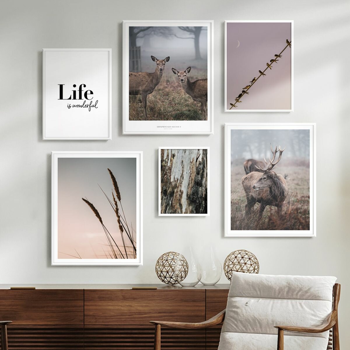 Набор постеров 6 шт "Косули в поле" плакат для интерьера, картина на стену
