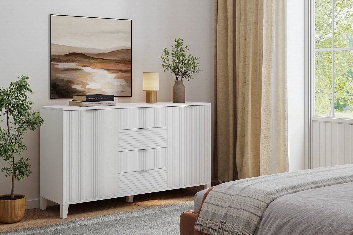 Комод МебельЛэнд24 Марвин 25 фрезеровка 8 Белый 140x40x80 двухдверный с 4 ящиками
