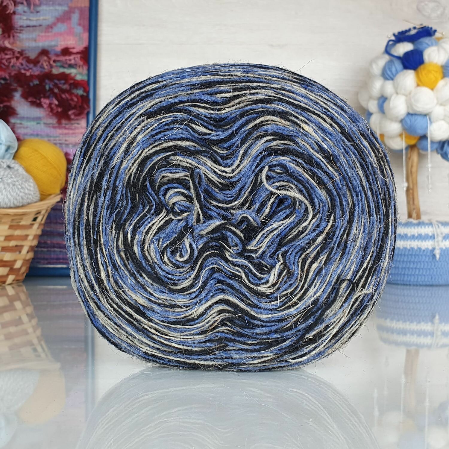 Пряжа Ангорка меланж Рассказовская, черн-голубой-св. серый - 23_3, 95% шерсть ангорской козы, 5% акрил, 2 мотка, 250 г, 700 м.