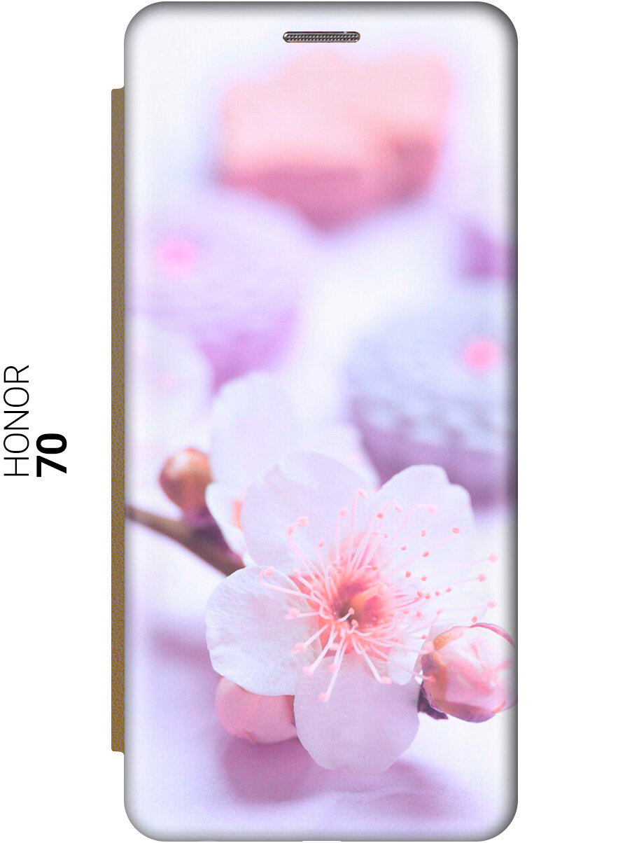 Чехол-книжка на Honor 70 / Хонор 70 с рисунком "Цветок вишни" золотистый