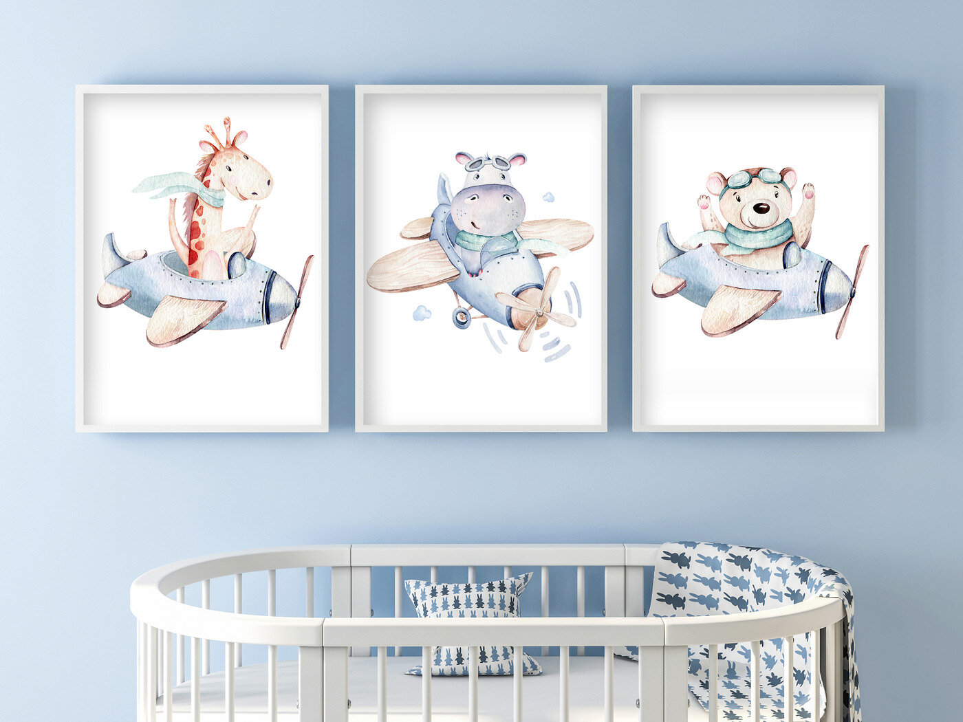 Интерьерный постер в детскую комнату 3 шт в акварельной технике "Три пилота" постеры животные