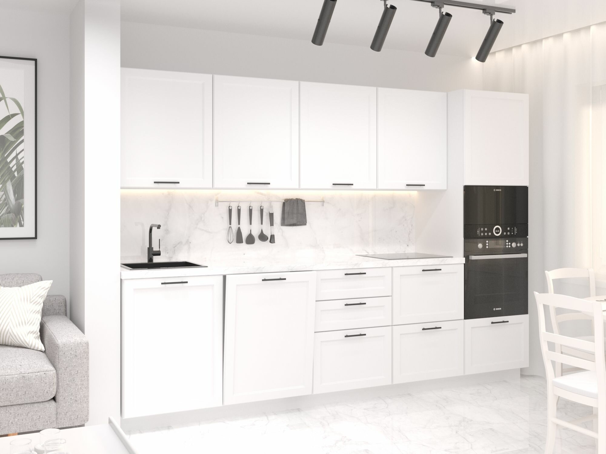 Кухонный гарнитур Барселона, Белый матовый, 3000 мм