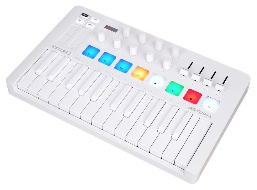 Arturia MiniLAB 3 Alpine White - 25 клавишная MIDI-клавиатура - пэд-контроллер, 9 регуляторов, 8 RGB пэдов, 8 фейдеров, дисплей, сенсорные регуляторы Pitch/Modulation, MIDI-выход, 1/4" Jack вход педали, режим Chord, арпеджиатор, USB-C, ПО