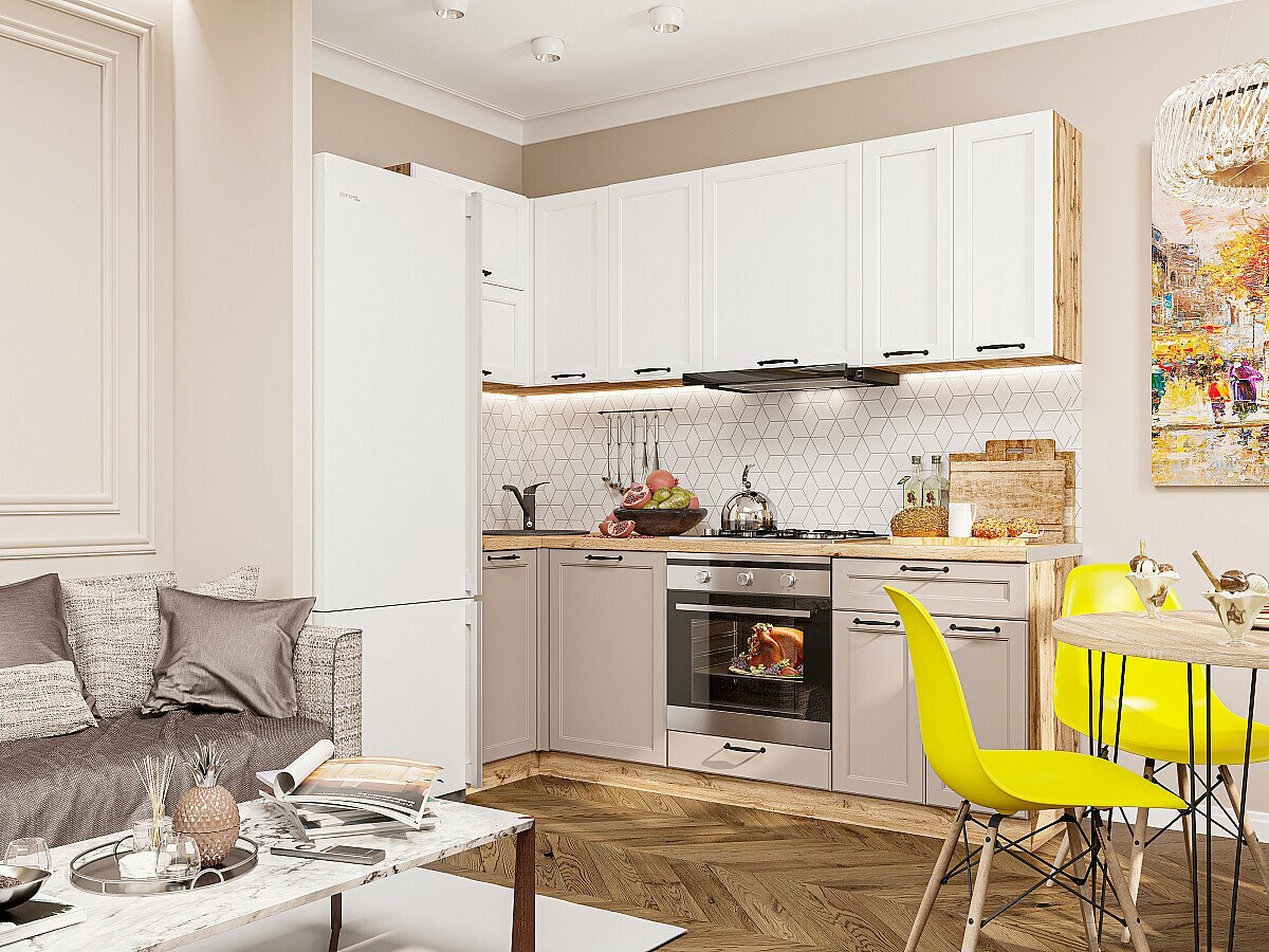 Кухня Барселона-04, цвет фасада Белый/Кашемир, цвет каркаса Дуб Вотан, 2140*950/2200*600 мм