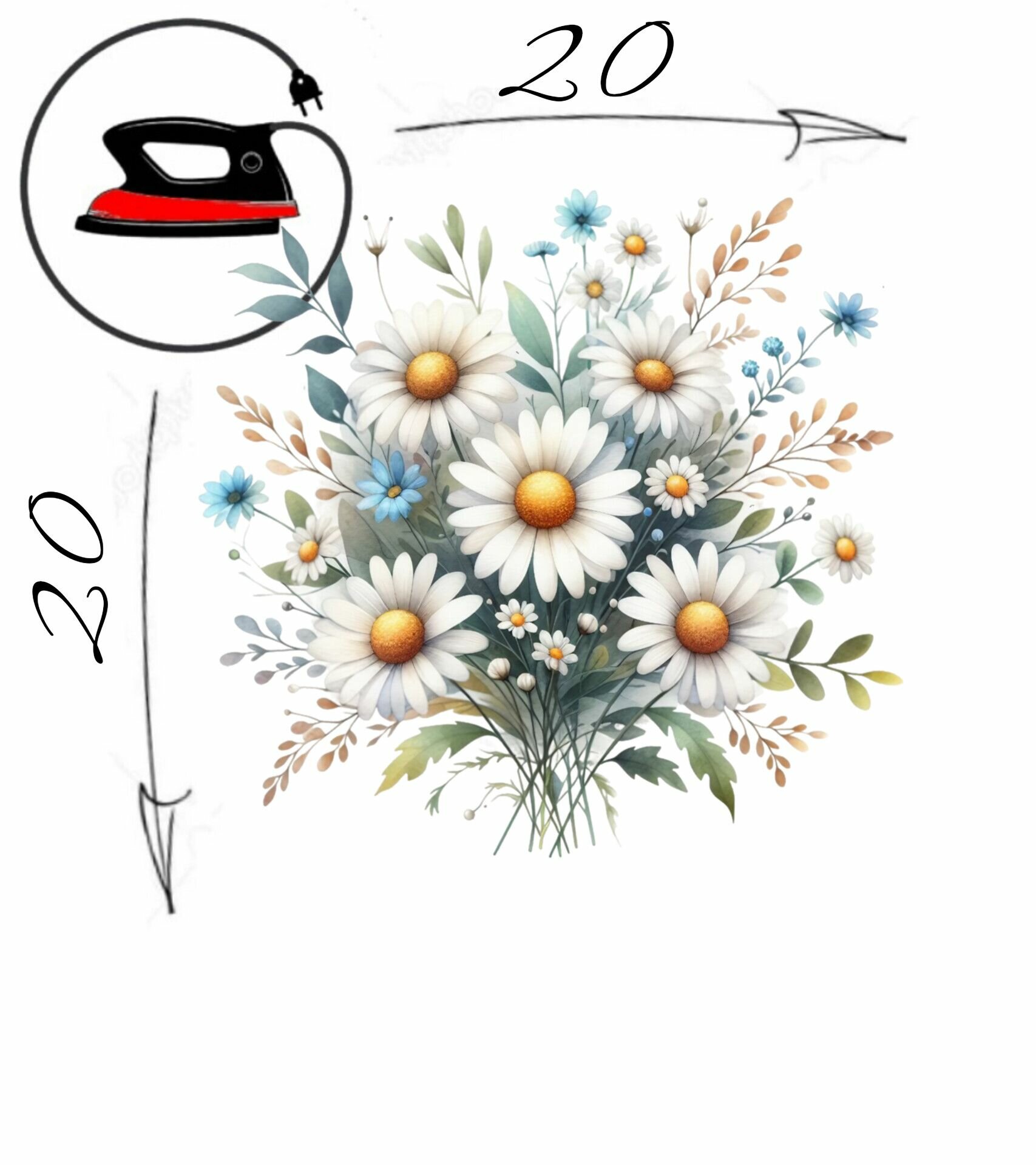 Термотрансфер "Букет ромашек ", наклейка на одежду, 20х20