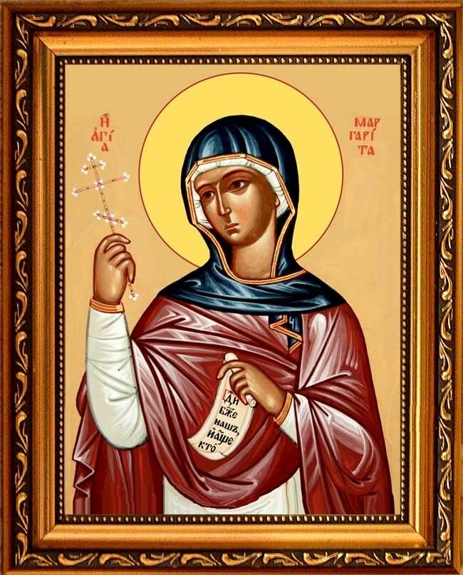 Маргарита (Марина) Антиохийская Святая великомученица. Икона на холсте. (15 х 18 см / В раме)