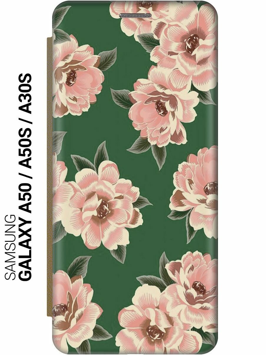 Чехол-книжка на Samsung Galaxy A50, A50s, A30s, Самсунг А50, А30с, А50с c принтом "Винтажные цвета" золотистый