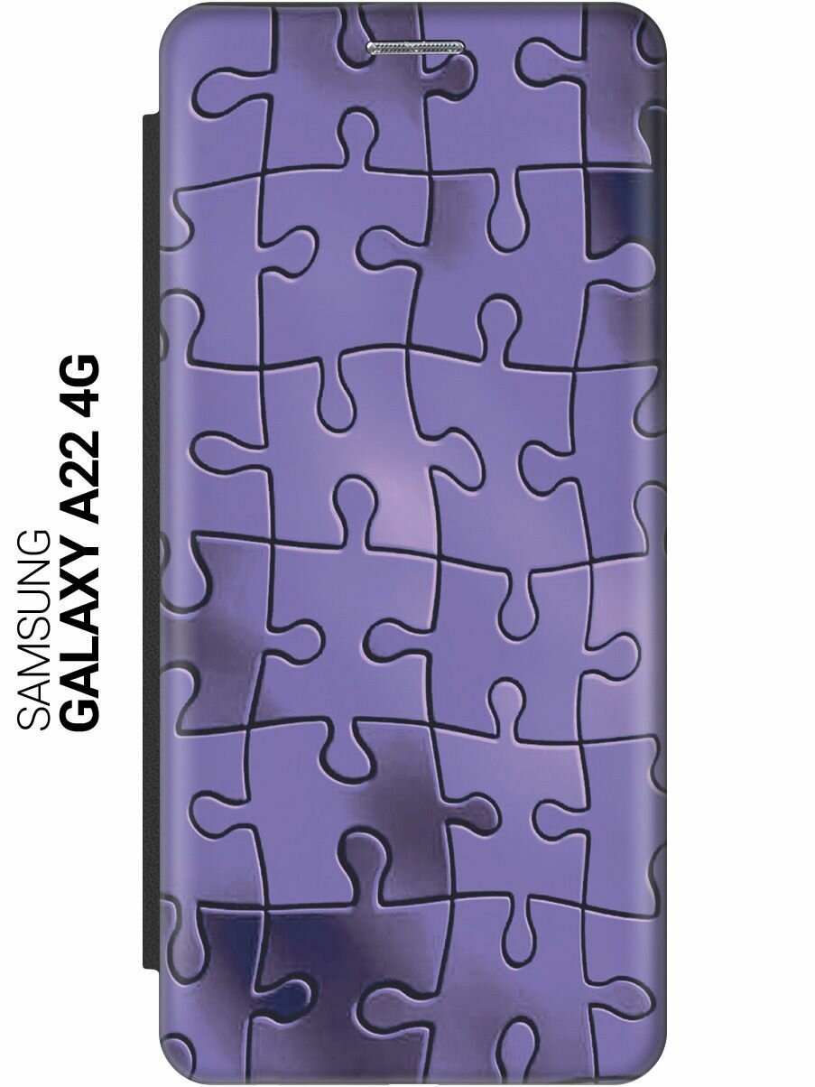 Чехол-книжка на Samsung Galaxy A22, M32, M22, Самсунг А22, М32, М22 c принтом "Фиолетовый пазл" черный