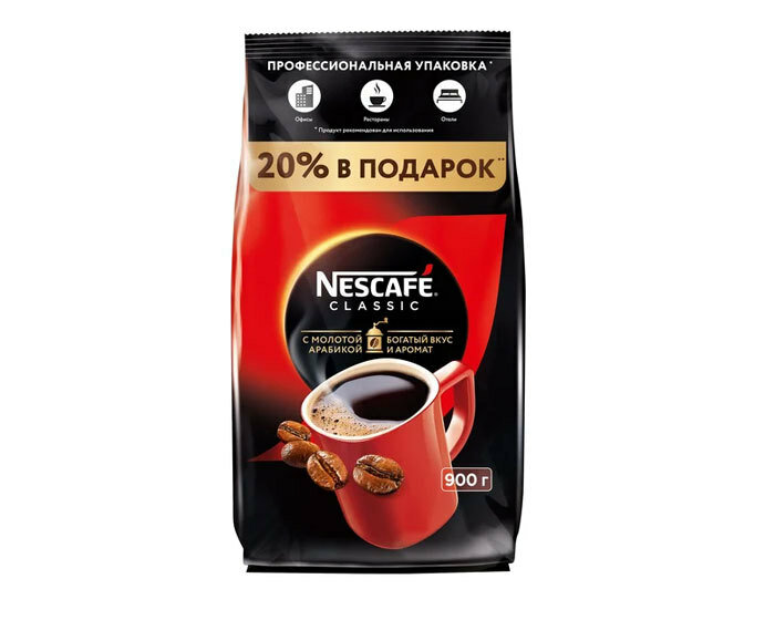 Кофе растворимый Nescafe Classic с добавлением молотой арабики, 900 г пакет (Нескафе)