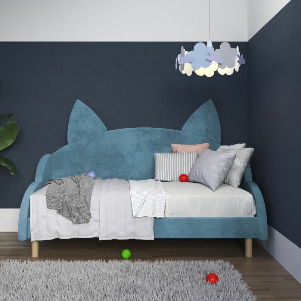 Детская мягкая кровать тахта 3 спинки 90x190 Бэкки цвет Синий