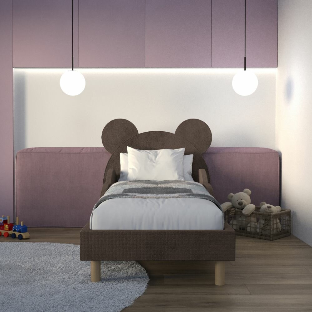 Детская кровать с ушками мягкая на ножках Миша 120x190 цвет Коричневый