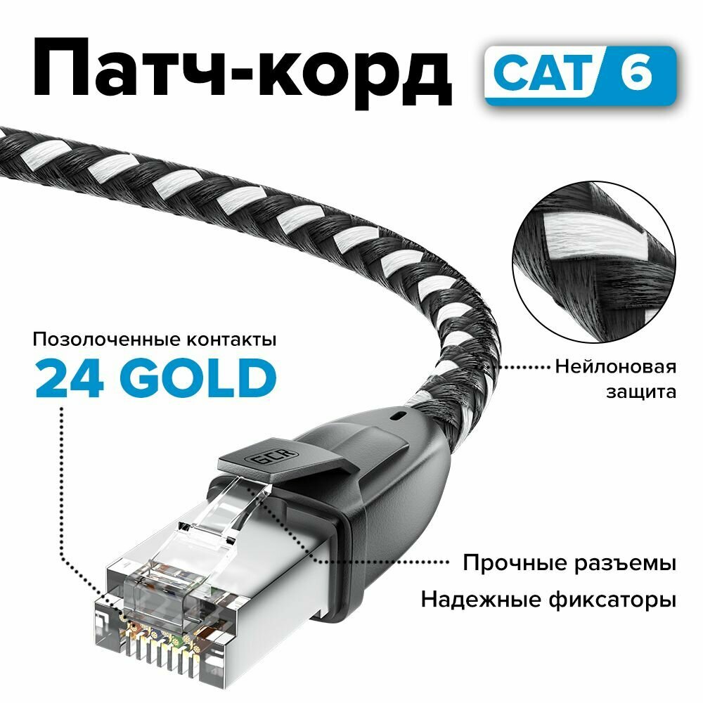 Lan кабель для интернета 30см GCR кат 6 RJ45 частично нейлон черно-белый 24K GOLD