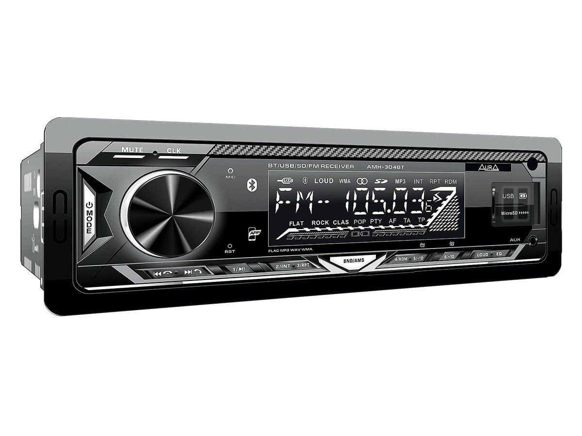 Автомагнитола 1DIN. AURA AMH-304BT /белая/USB/SD/FM/Bluetooth/12/24W