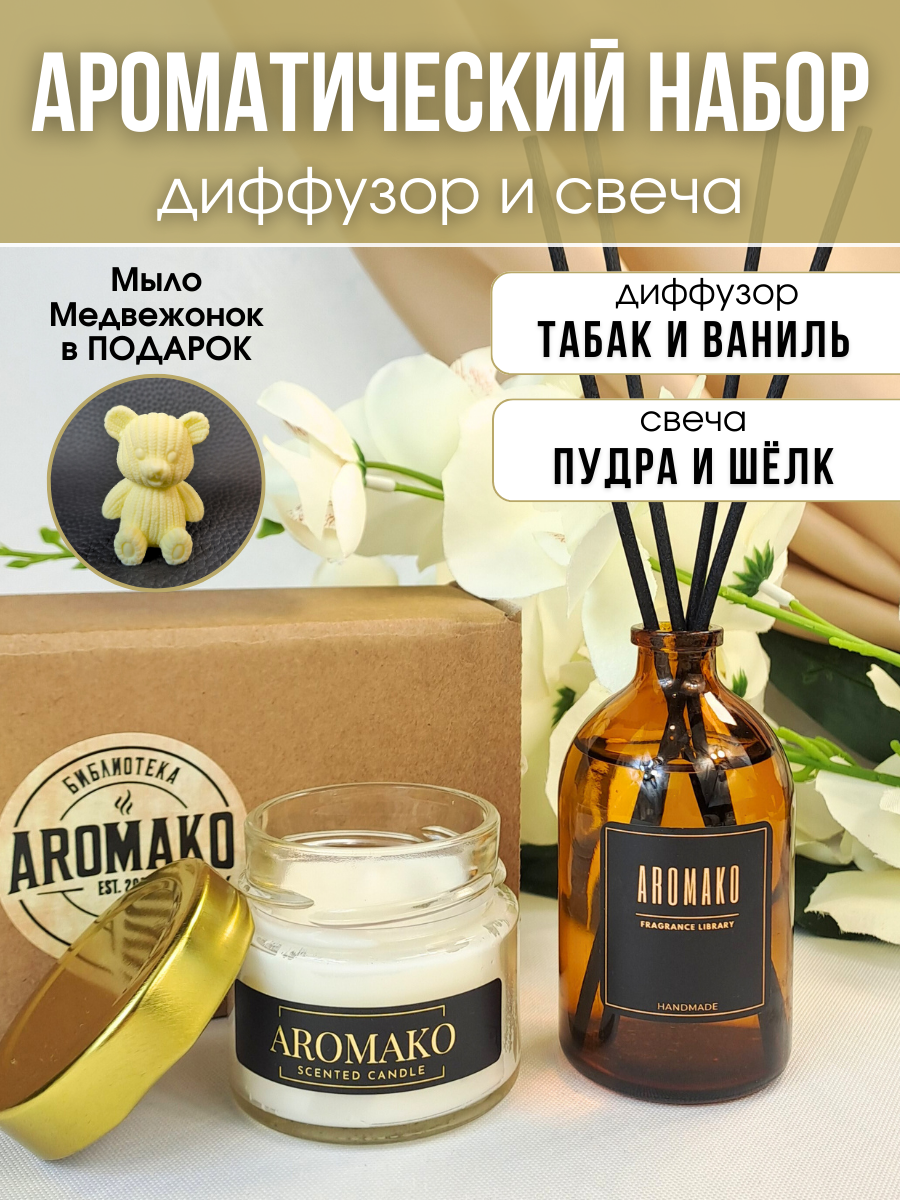 Подарочный набор в коробке аромадиффузор с палочками Табак и ваниль 100 мл, свеча Пудра и шёлк 100 гр, подарочный бокс