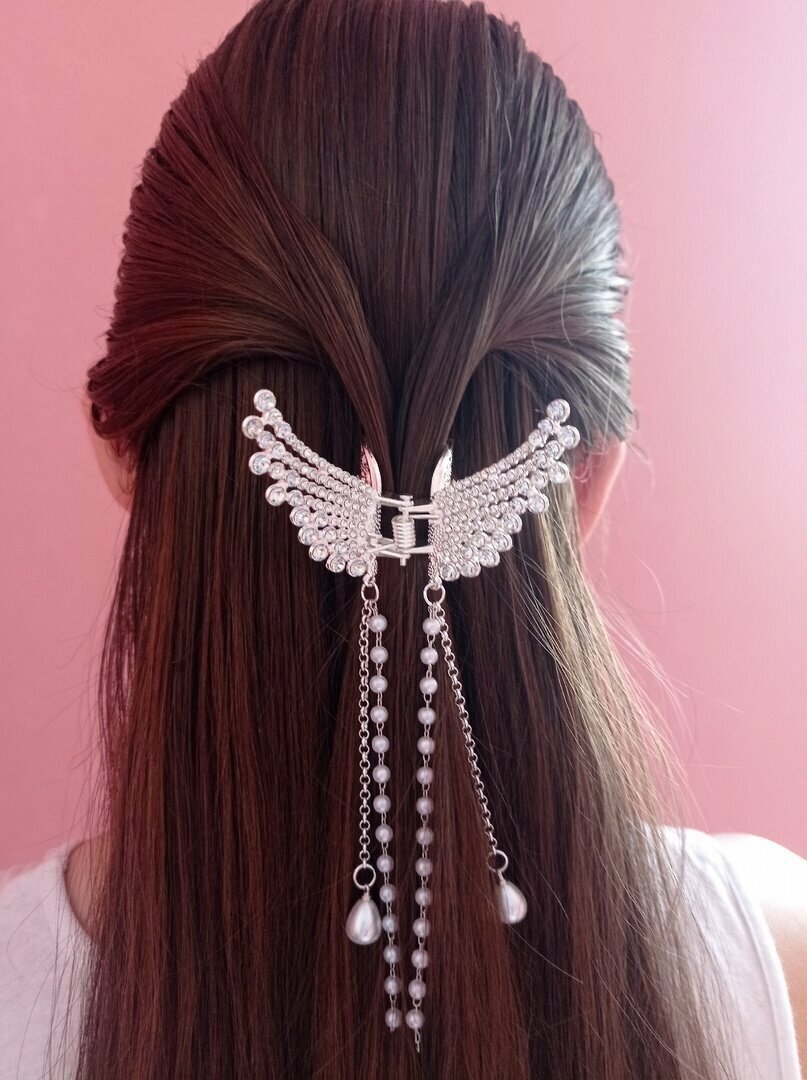 Крабик для волос "Крылья ангела", серебристый, со стразами, с жемчугом из металла
